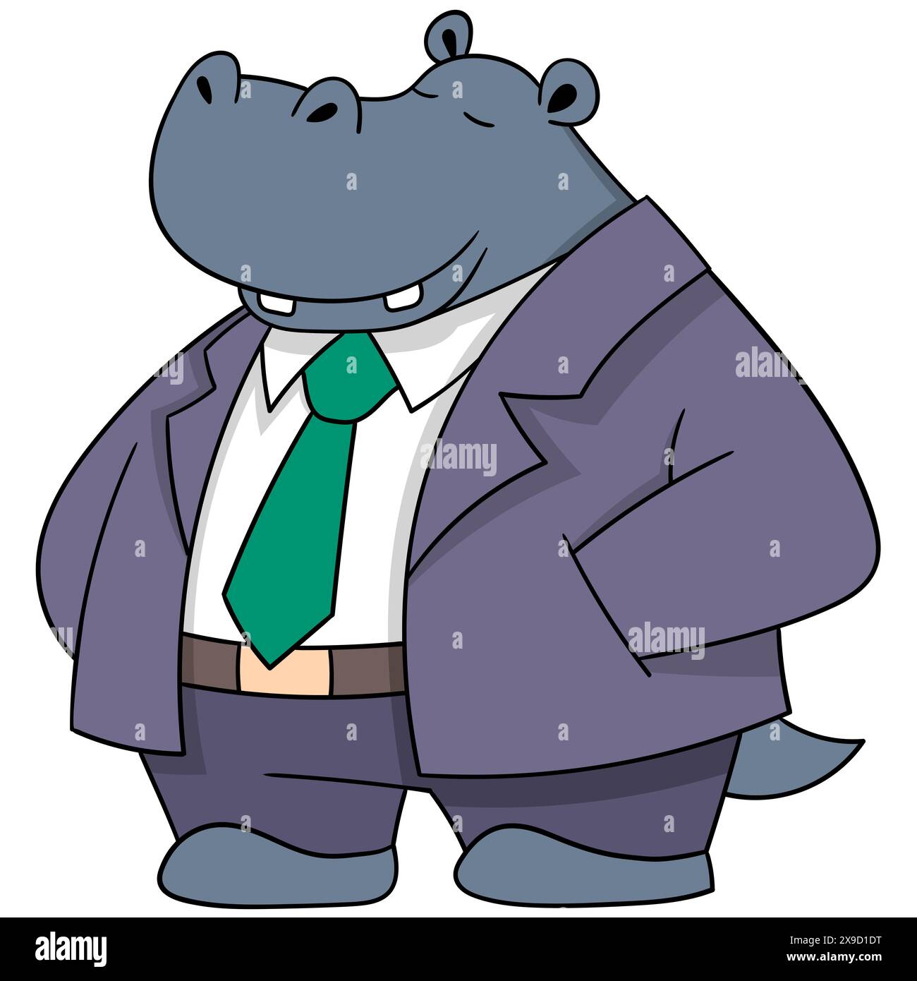 cartoon doodle of animals doing business, hippo wearing a suit is going ...