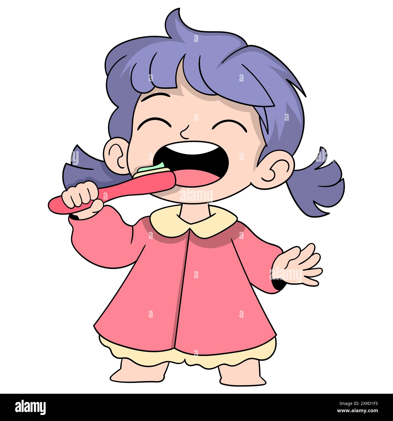 Cartoon doodle of cleaning activities, little girl brushing her teeth ...