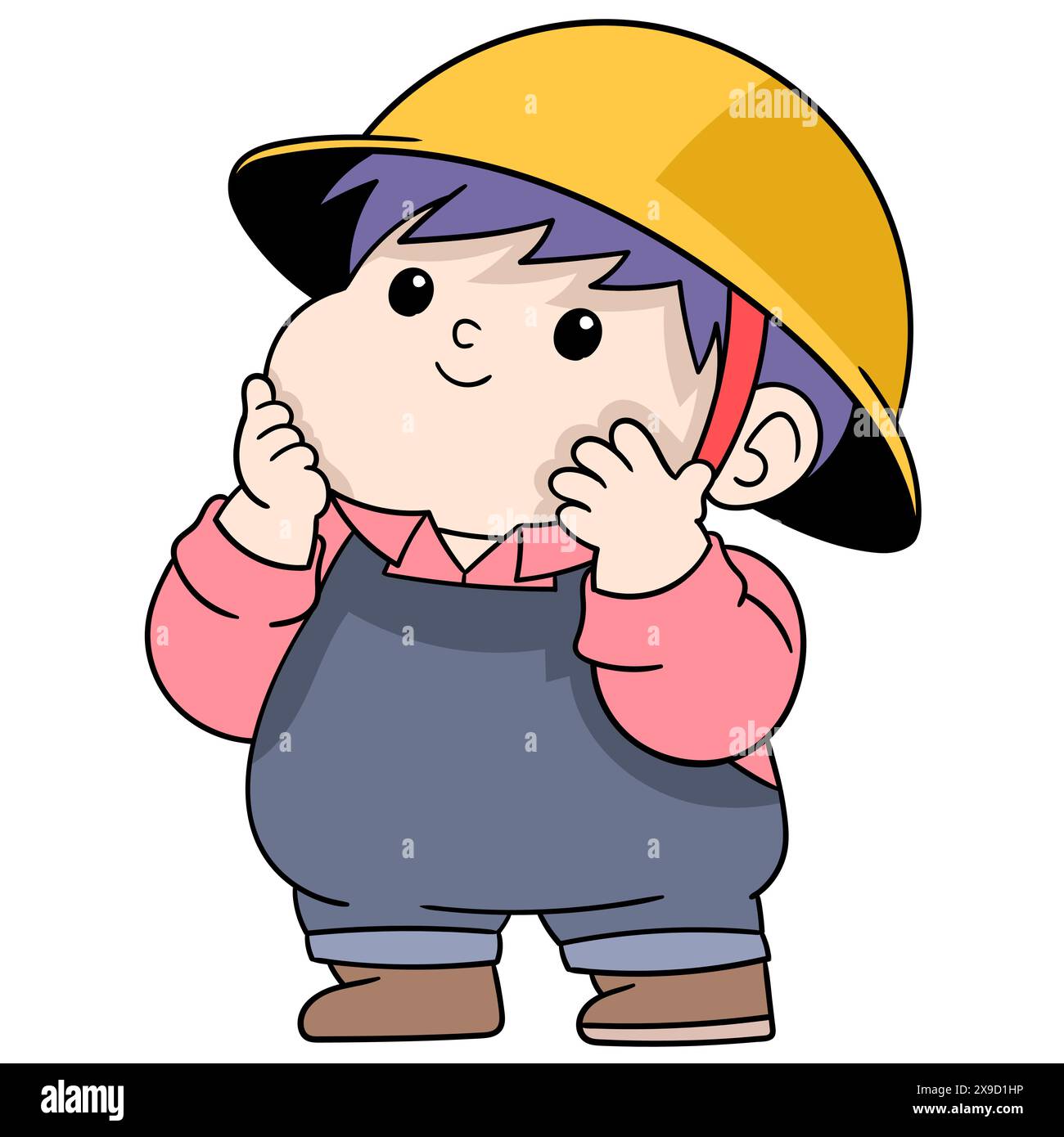 cartoon doodle of work activities, boy project worker wearing a safety ...