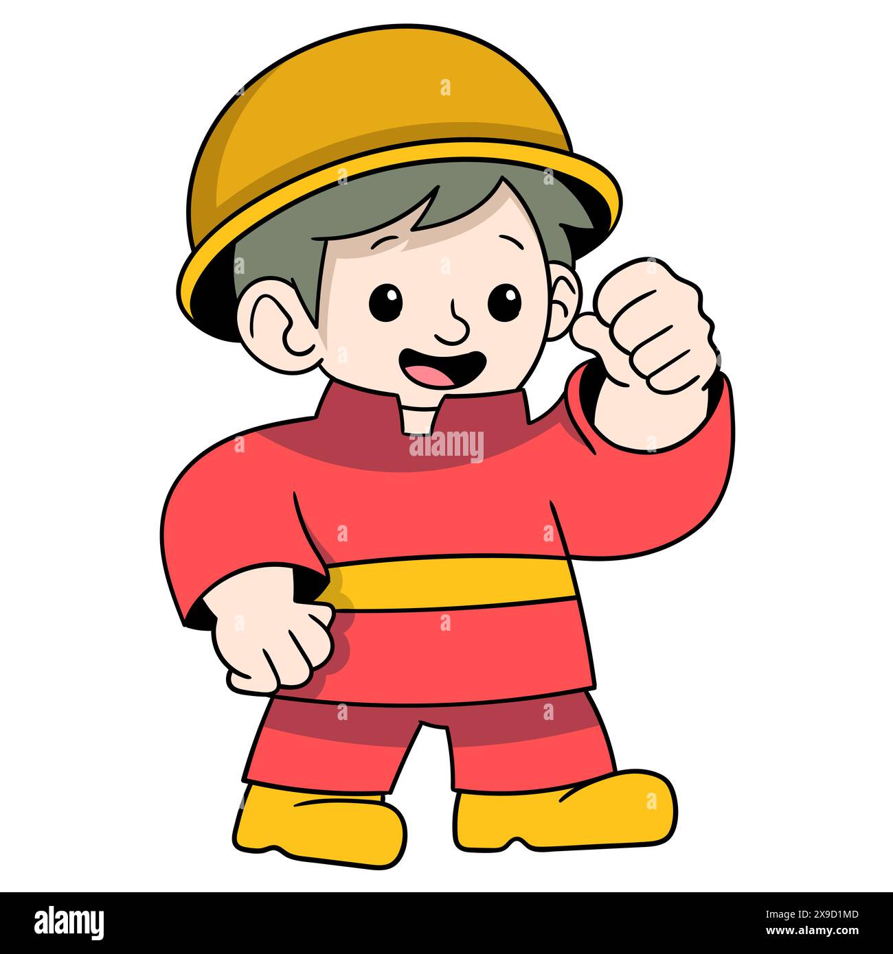 cartoon doodle of work activities, firefighter boy ready to extinguish ...