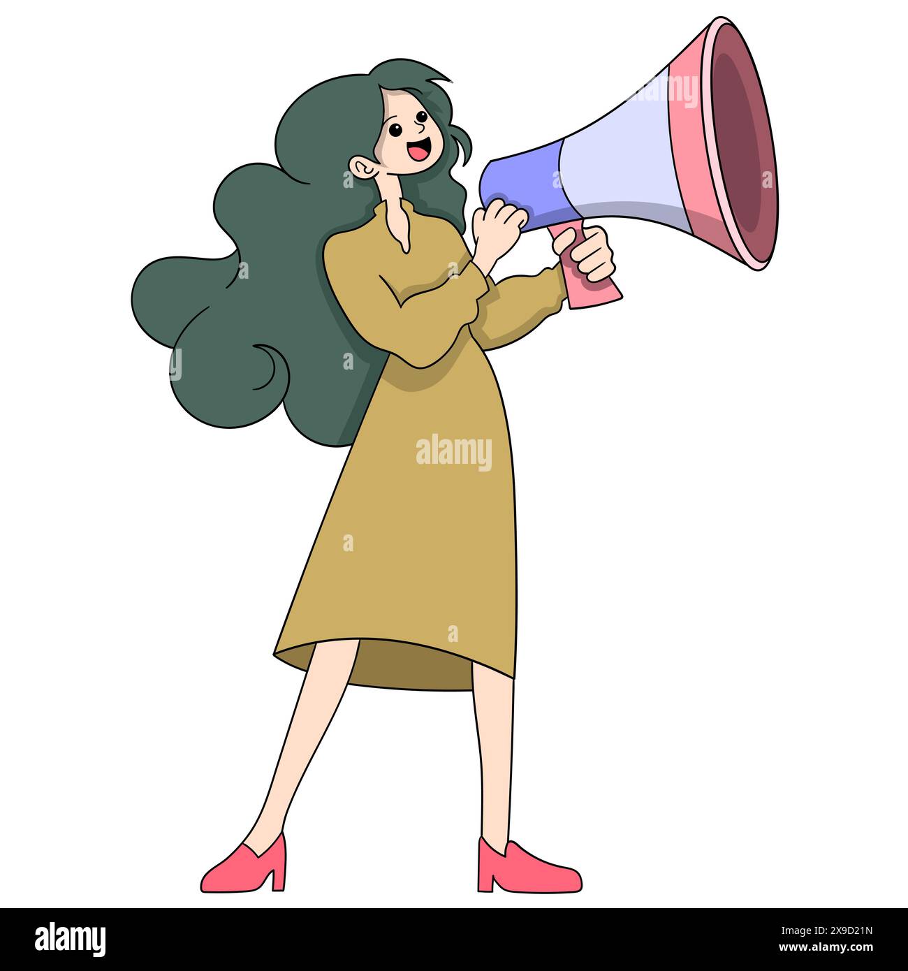 cartoon doodle of business activities, working woman carrying megaphone ...