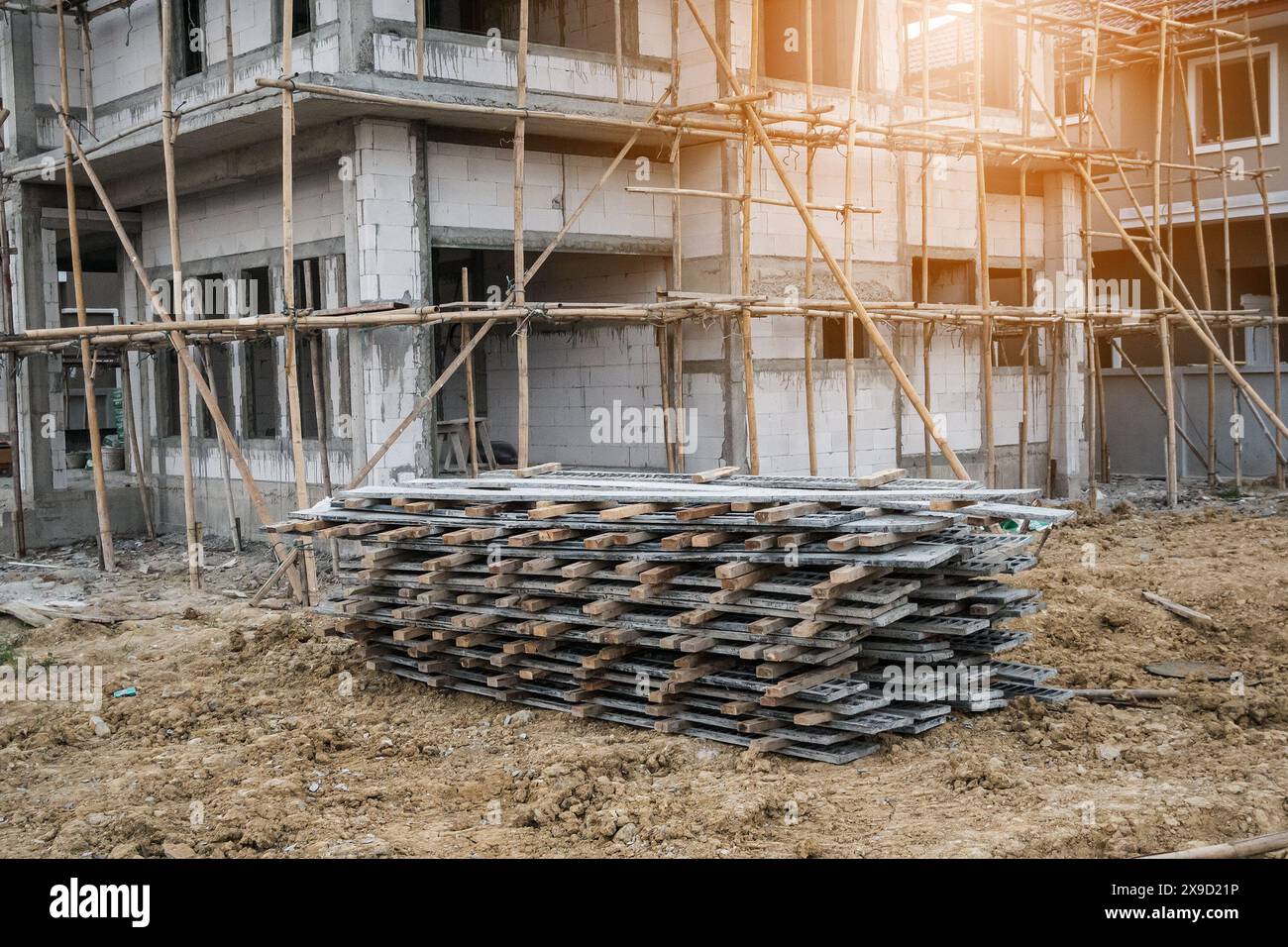 installation of cement formwork frames to new house construction at ...