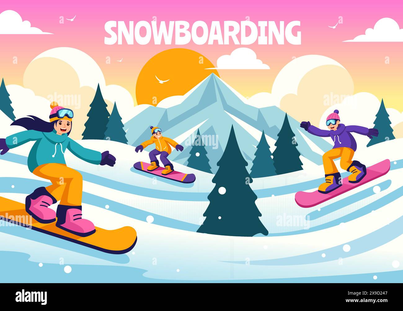 Snowboarding Vector Illustration Featuring People Sliding and Jumping ...