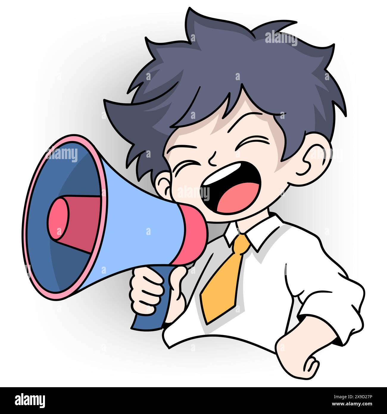 doodle cartoon media announcement, marketing worker shouting using a ...