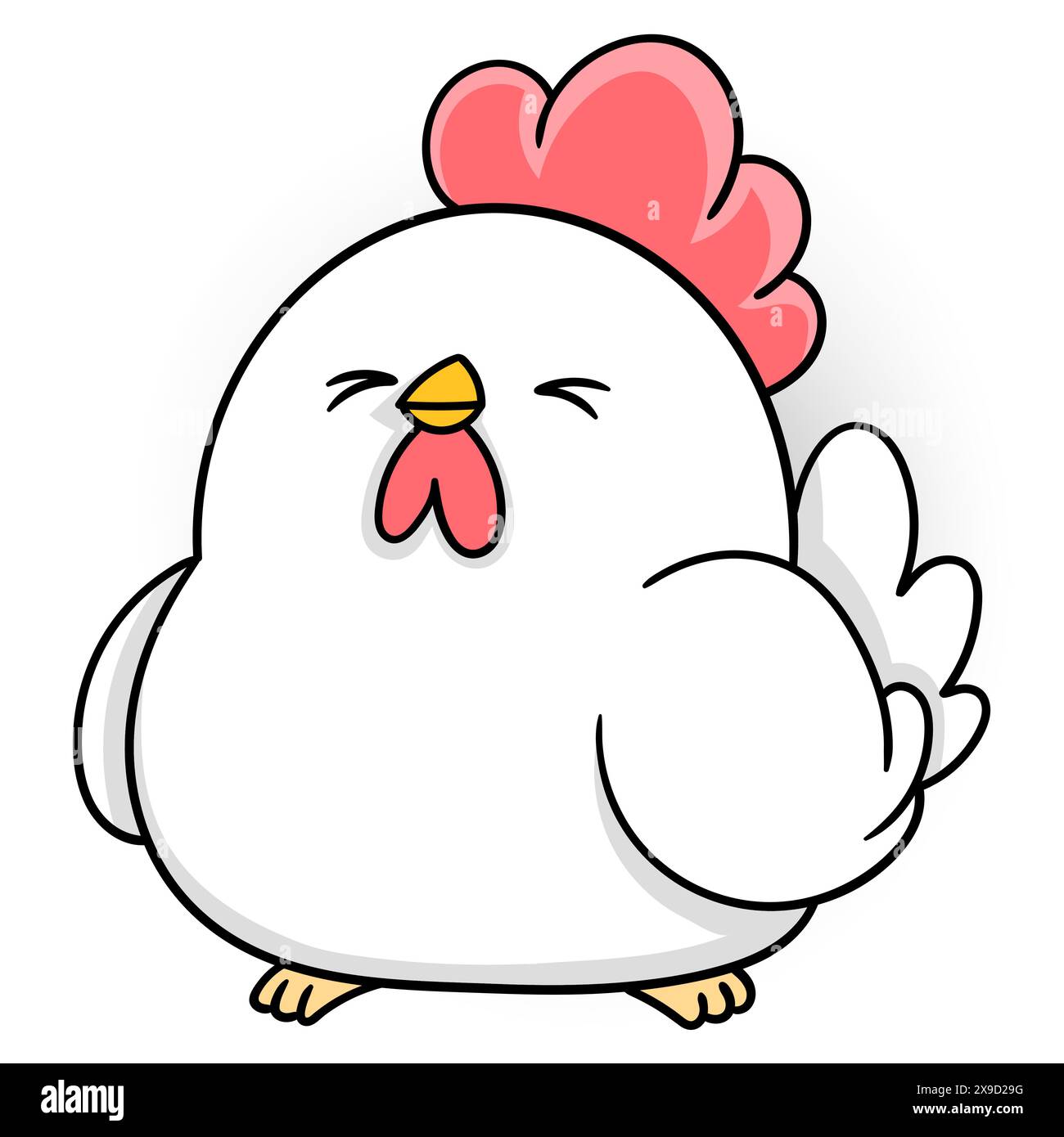 cartoon doodle of cute animal behavior, a fat white rooster happily ...