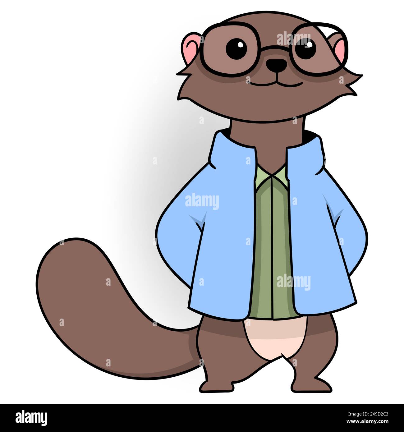 cartoon doodle of animal activities, a beaver wearing glasses is ...