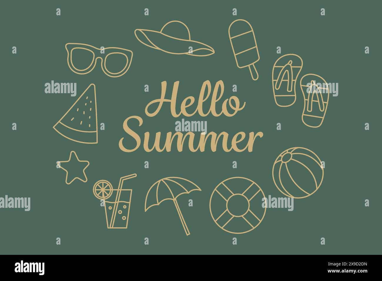 Outline design Hello summer green background with various summer items ...