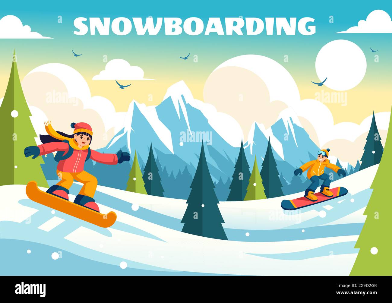 Snowboarding Vector Illustration Featuring People Sliding and Jumping ...