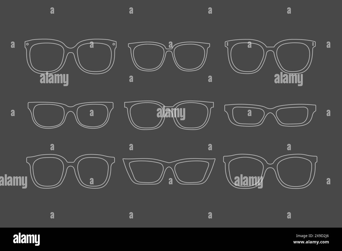 Set Of Outline Glasses Icons Of Different Shapes And Sizes Isolated Dark Background Stock