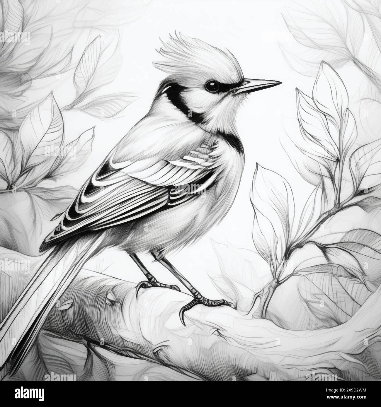 A back white bird is on the branch of tree drawing art Stock Vector ...