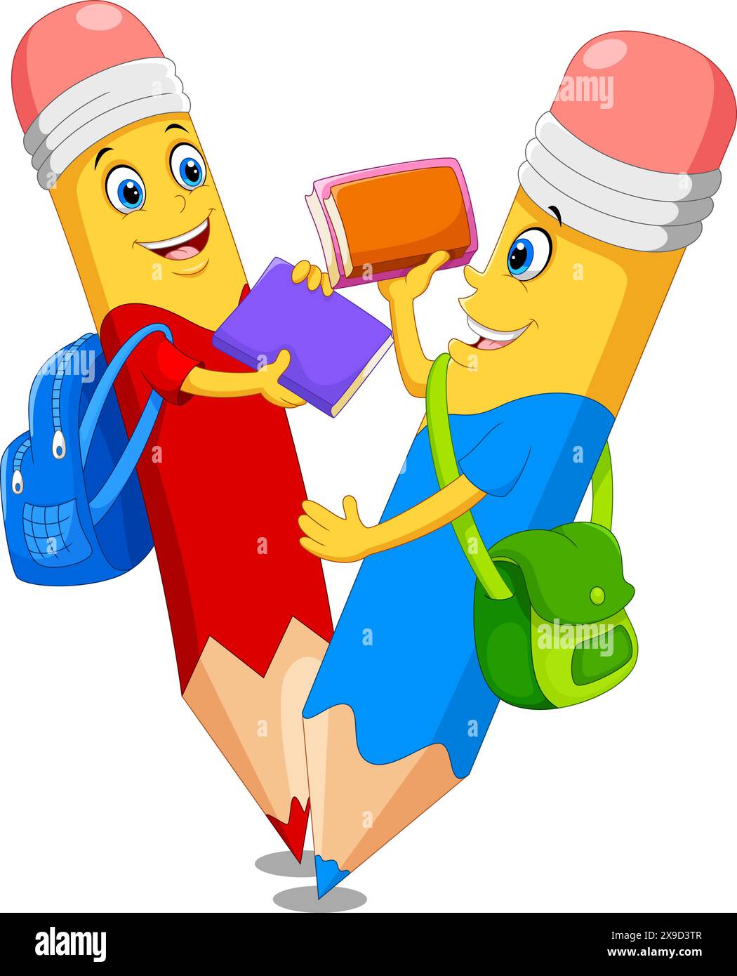 Cute pencils cartoon with school bag on white background Stock Vector ...