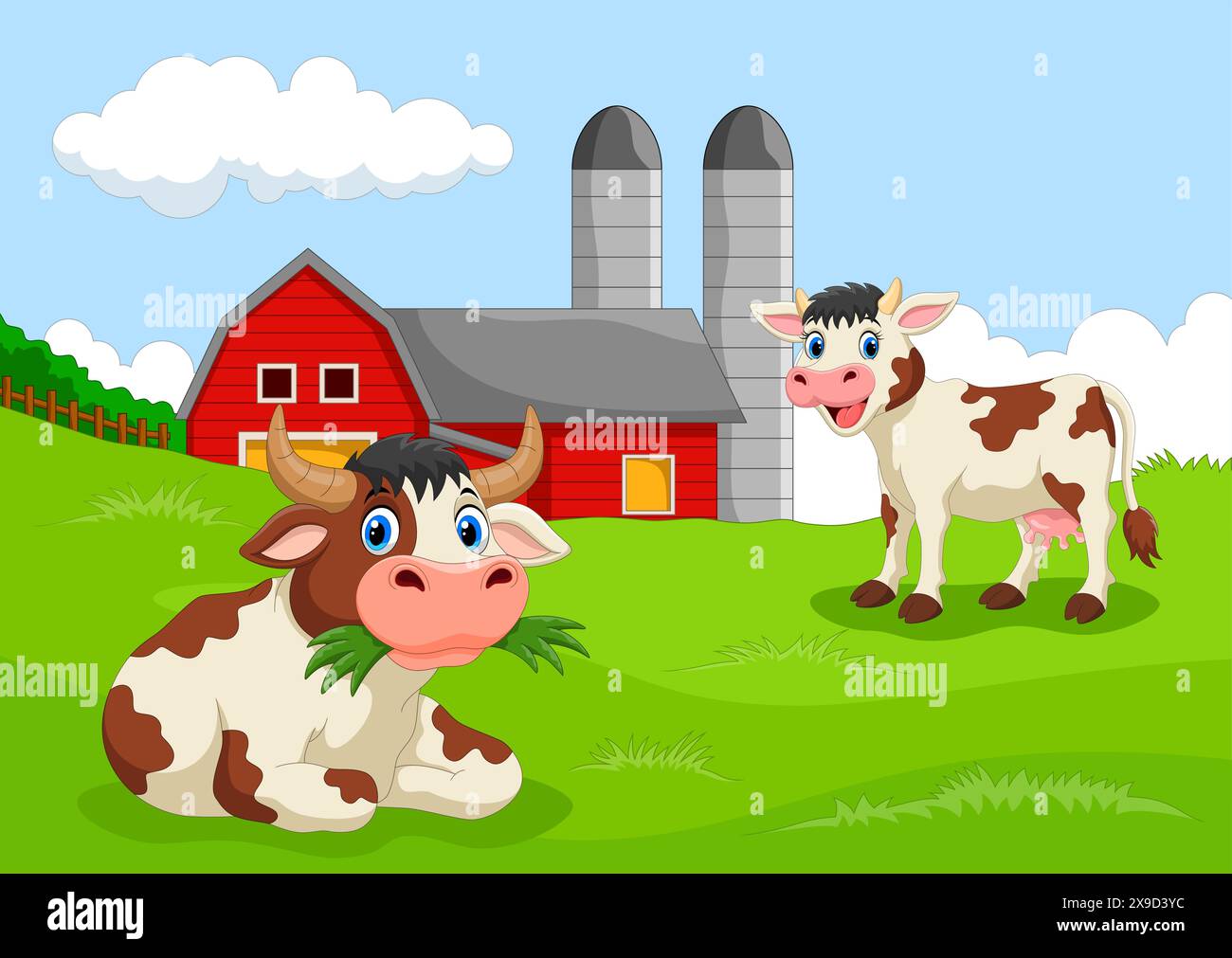 Vector illustration of Funny cows with farm background Stock Vector ...