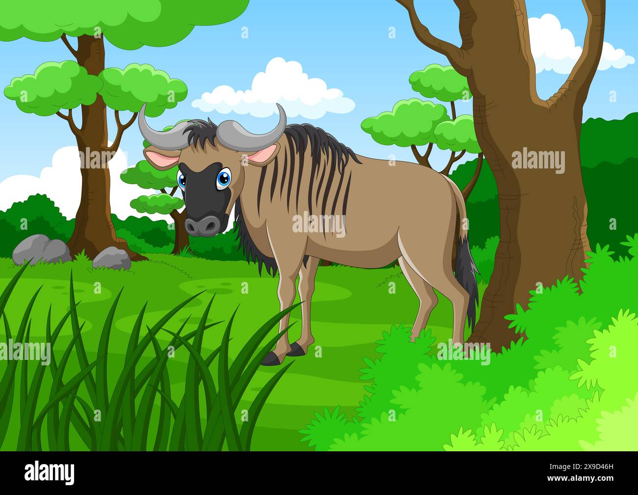 Vector illustration of Cartoon wildebeest in the jungle Stock Vector ...
