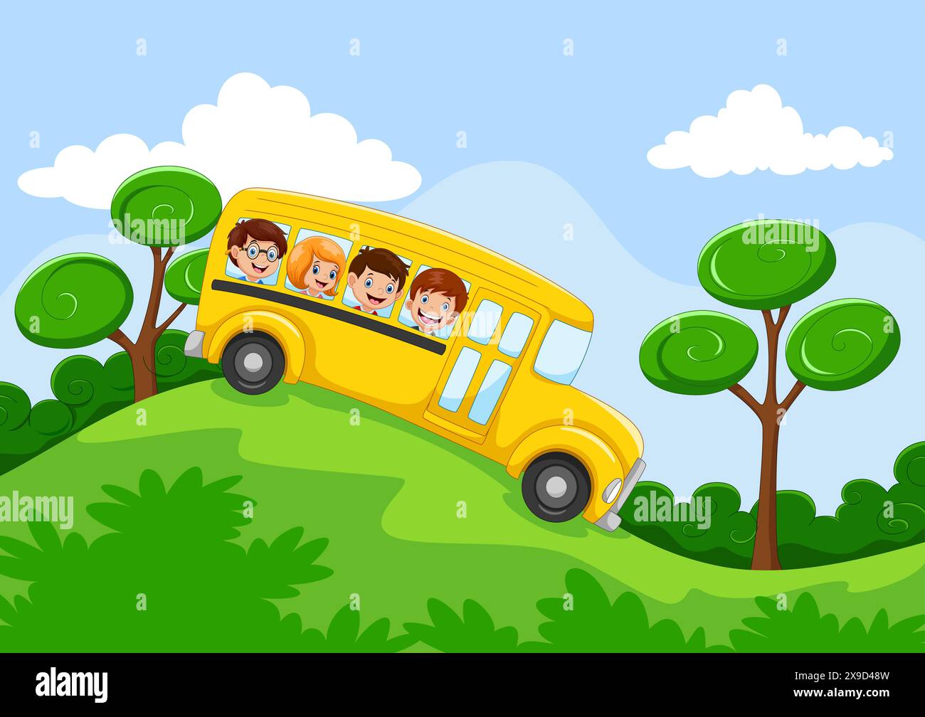 Little kids boy and girl ride school bus and go to school Stock Vector ...