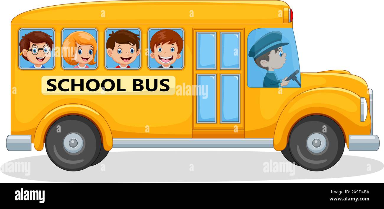 Little kids boy and girl ride school bus and go to school Stock Vector ...