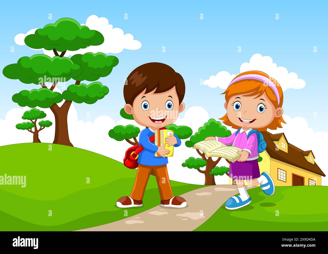 Vector illustration of Happy school kids go to school Stock Vector ...
