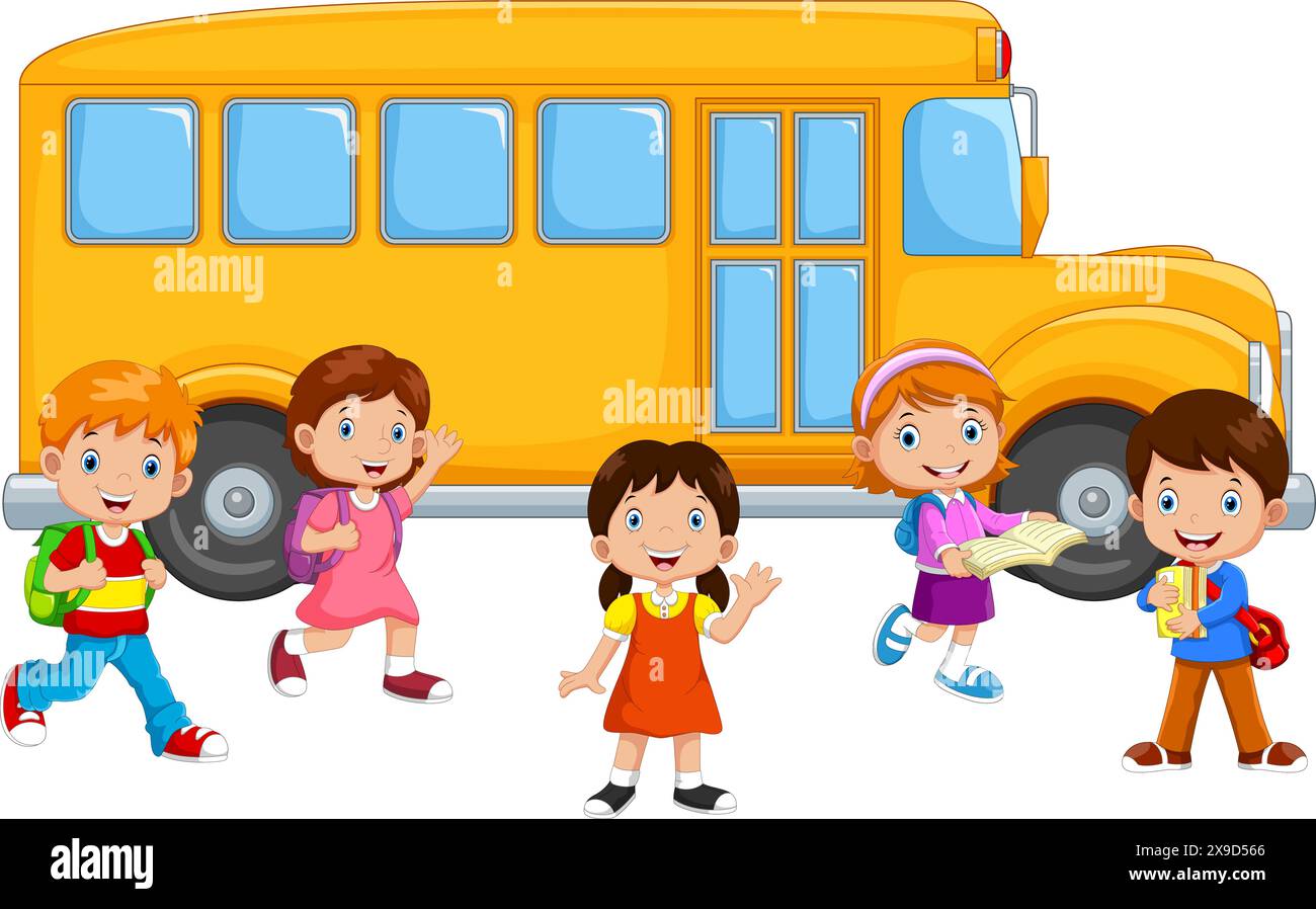 Little kids boy and girl ride school bus and go to school Stock Vector ...