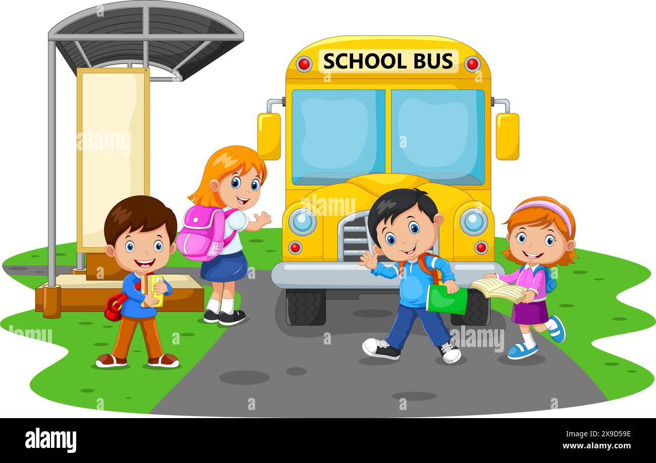 Little kids boy and girl ride school bus and go to school Stock Vector ...