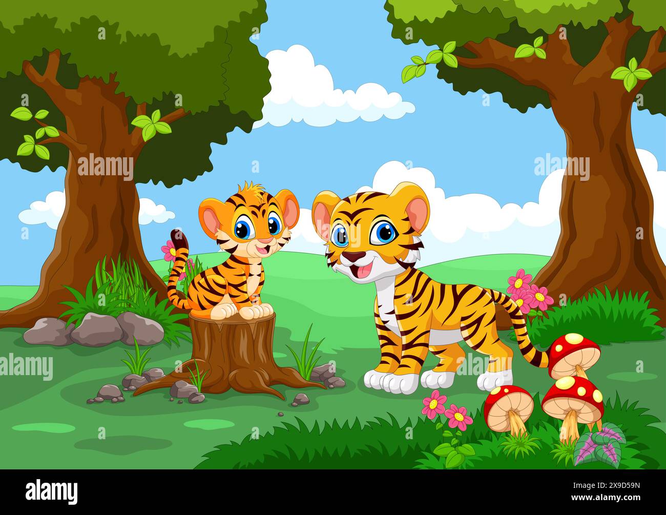 Vector illustration of mother tiger and her baby in the jungle isolated ...