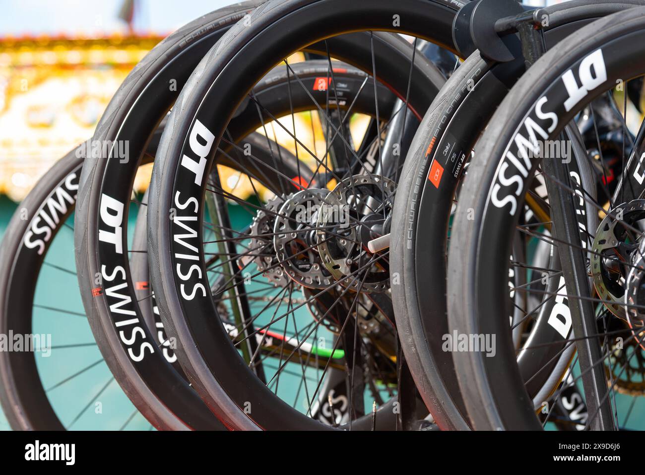 Bicycles of Uno X Mobility team in Promenade Park, Maldon, Essex, UK ...