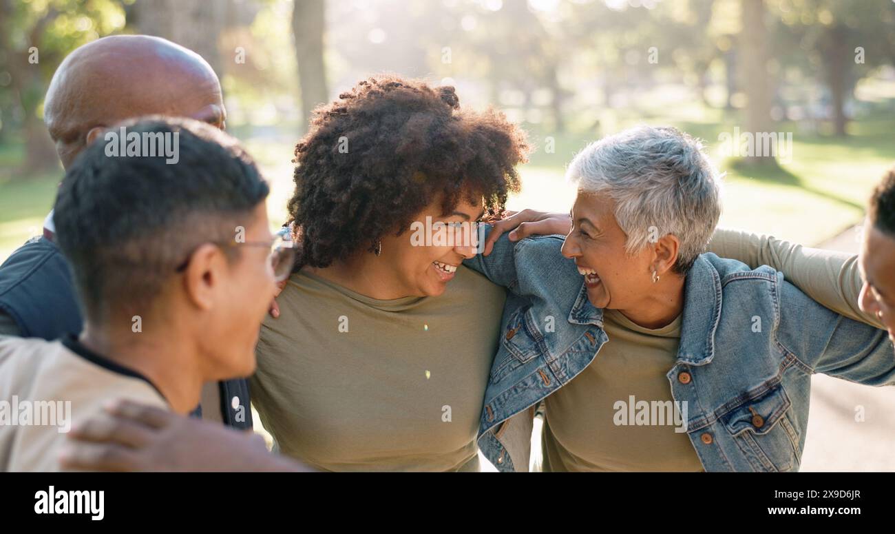 Happy, huddle and group of people outdoor with collaboration, teamwork ...