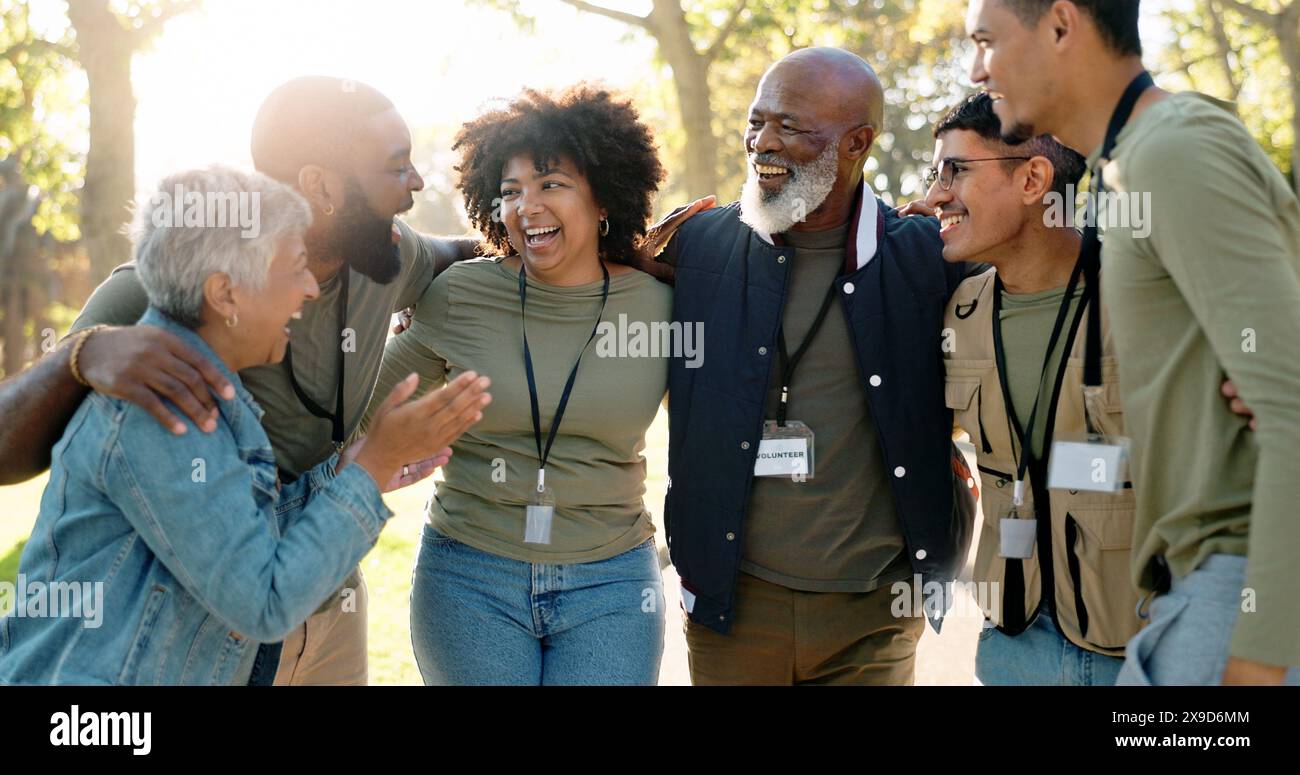 Huddle, happy and volunteer group outdoor with collaboration, teamwork and donation for charity ...