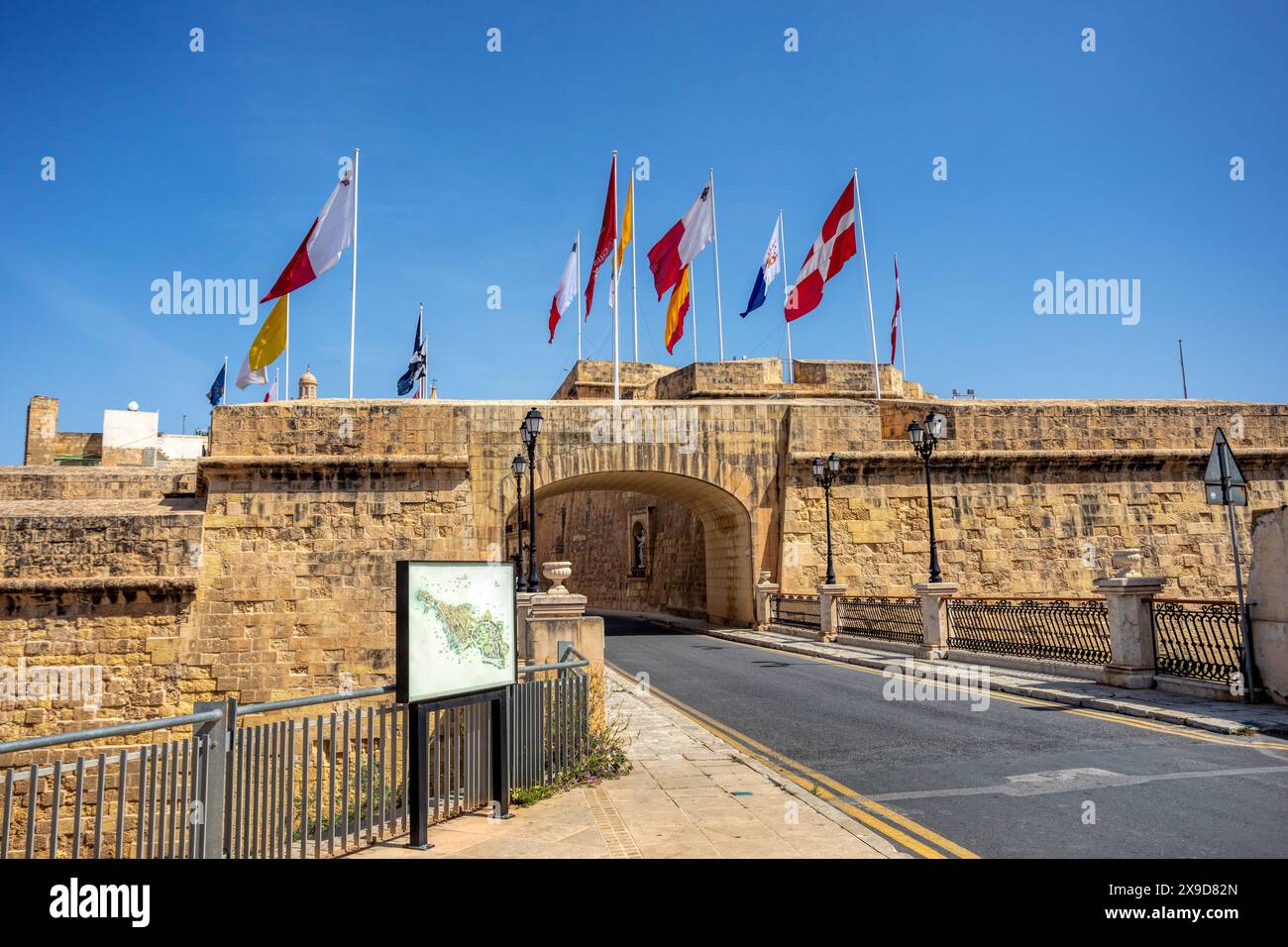 Gate of Provence Birgu and city fortification with Maltese flags ...