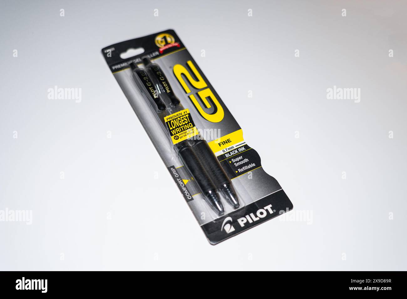 A sealed pack of Pilot G2 Black Ink pen on white background Stock Photo ...