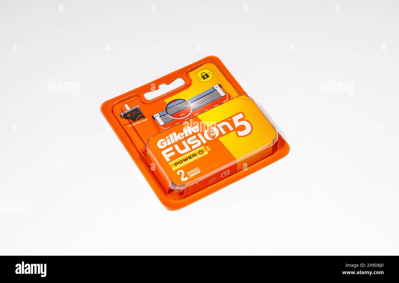 A box of Gillette Fusion 5 Power cartridge on white background Stock ...