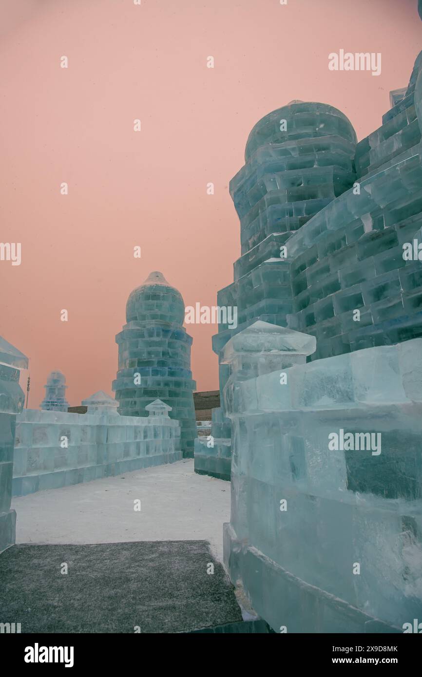 January 1, 2022, HARBIN, CHINA. Ice castle at the sunset. Harbin ...