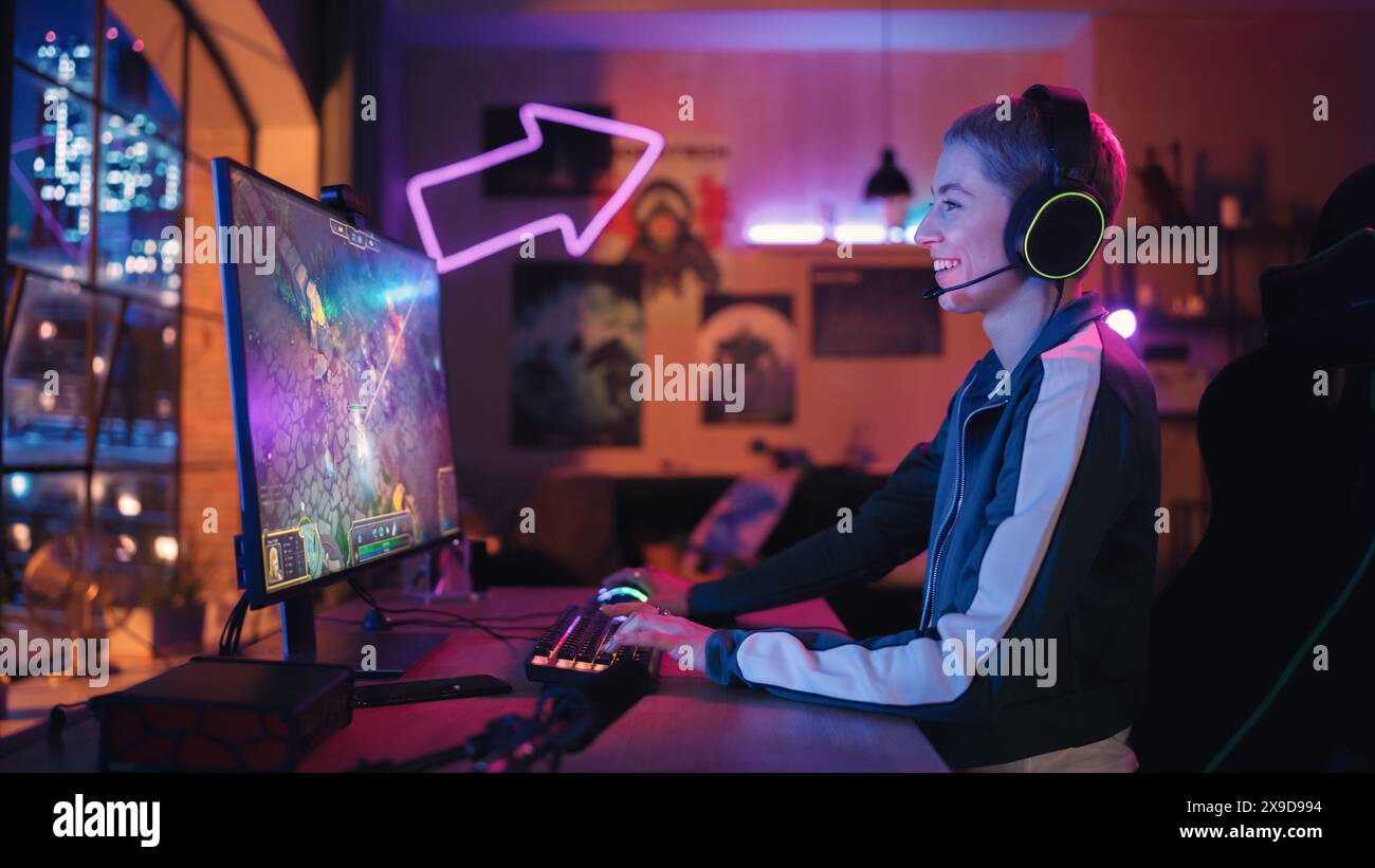Gaming From Home: Female Gamer Playing Online Video Game on Personal ...