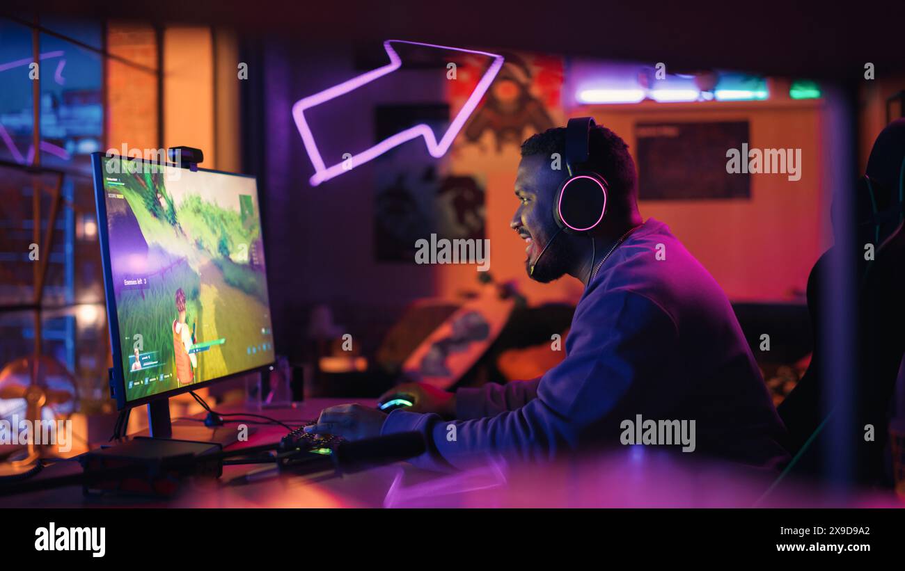 Gaming at Home: African American Gamer Playing Online Video Game on ...