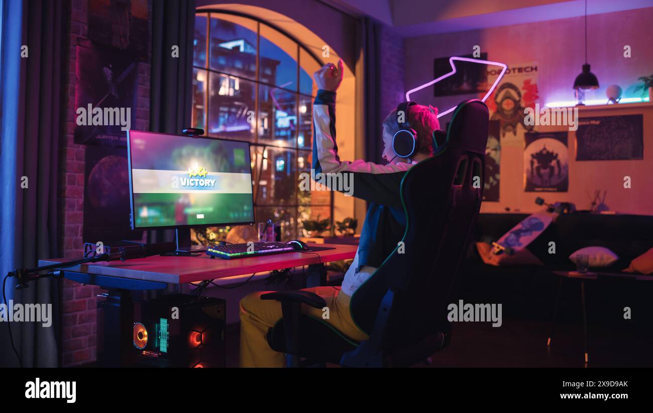 Successful Female Gamer Playing and Winning in 3D Shooter Video Game in ...