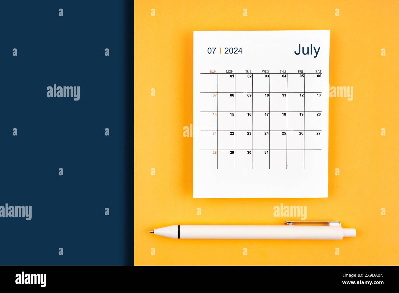 July 2024 calendar card for 2024 year on blue and yellow color ...