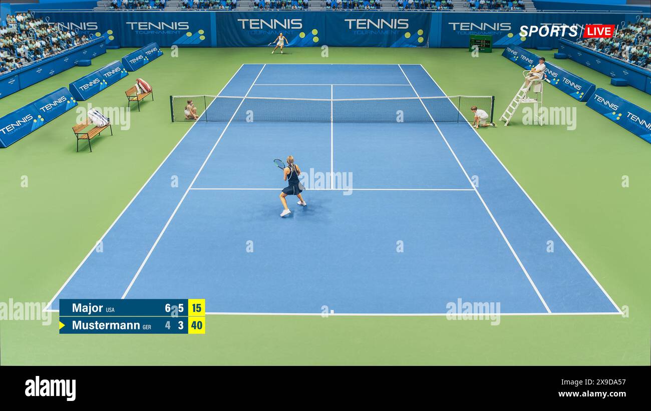 Sports TV Broadcast of Female Tennis Championship Match Full Set. Two ...