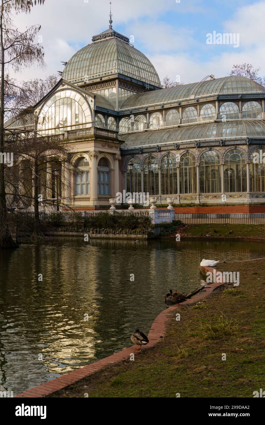Palacio de Cristal, The Glass Palace and a pond in El Retiro Park ...