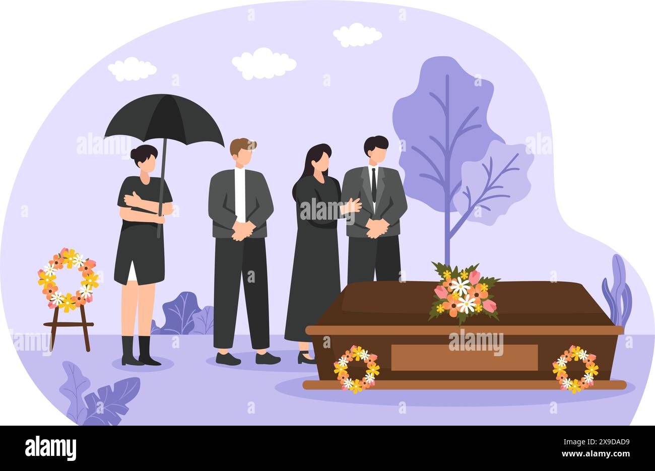 Funeral Ceremony Vector Illustration of Sad People in Black Clothes Standing by a Grave with ...
