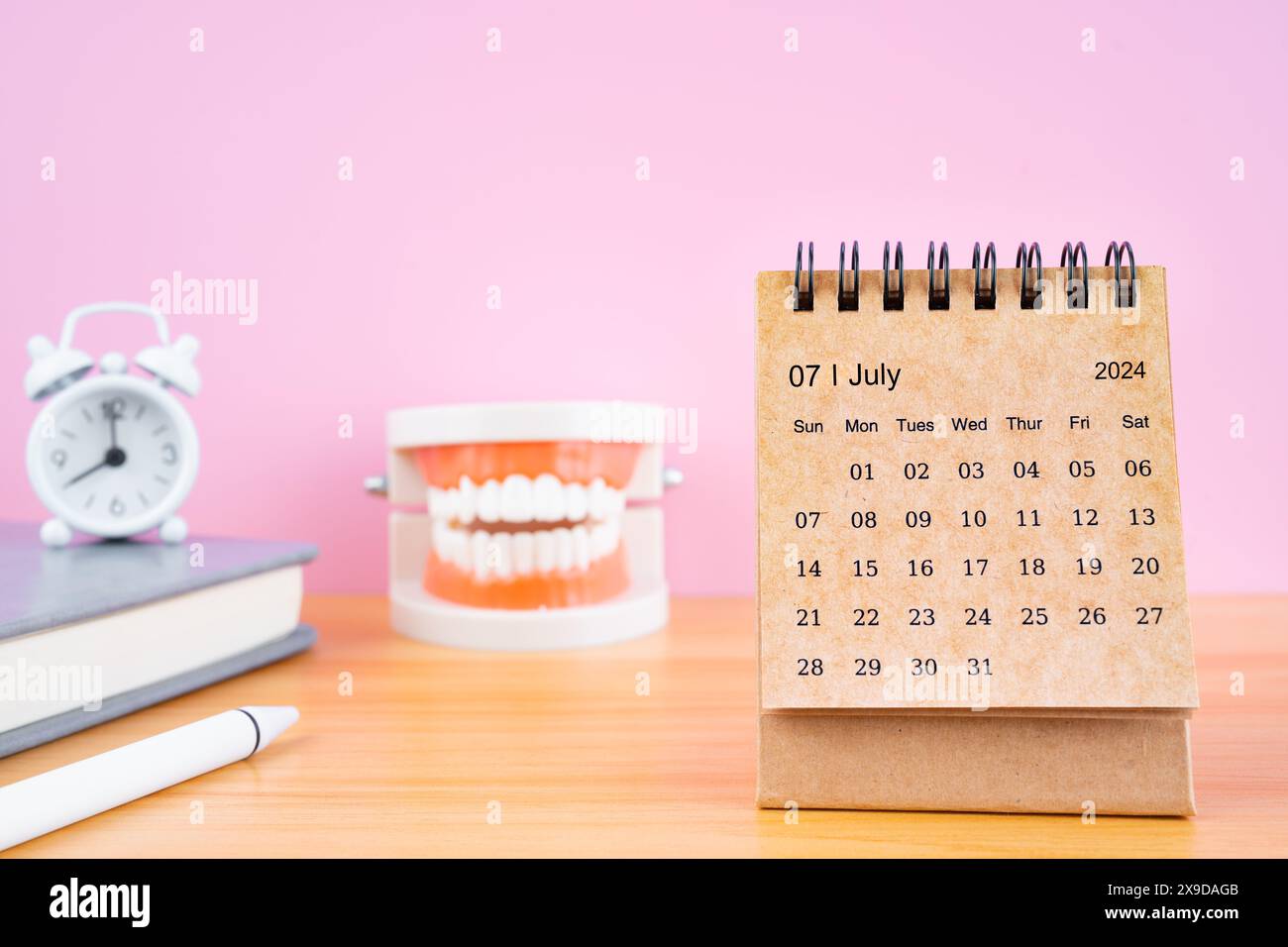July monthly desk calendar for 2024 year and model dentures on the ...