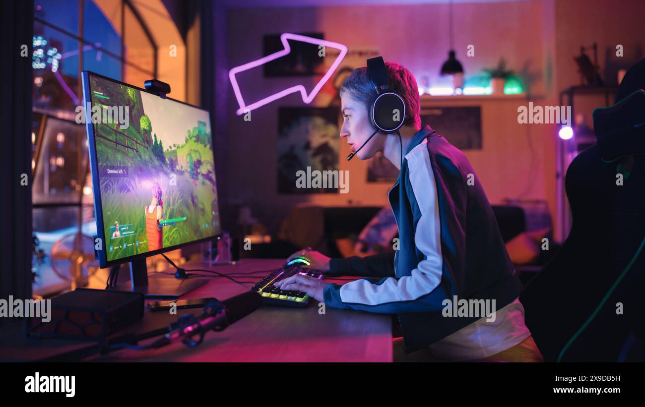 Successful Female Gamer Playing and Winning in 3D Shooter Video Game in ...