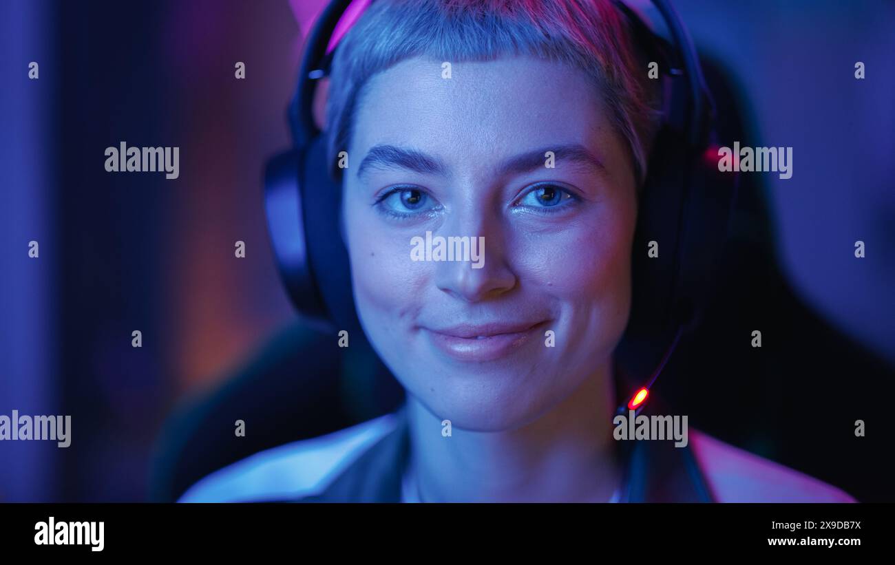 Portrait of a Female Gamer Playing Online Video Game on Computer. Close ...