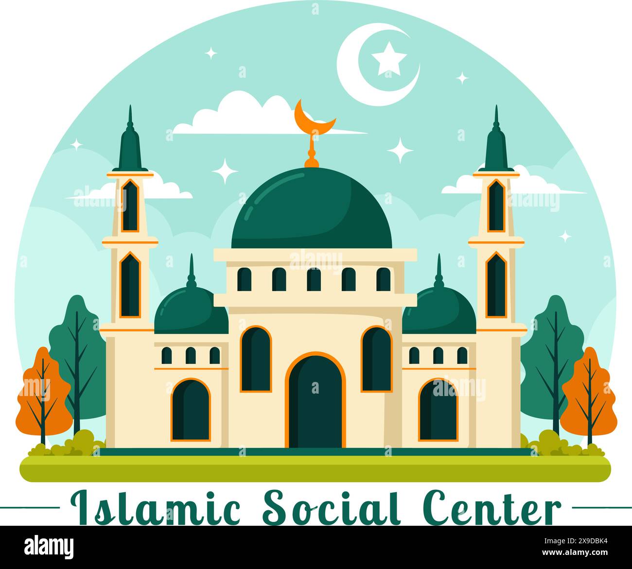 Islamic Social Center Vector Illustration Featuring Mosques ...