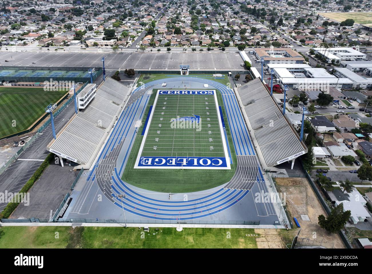 A general overall aerial view of the Football field and track at Falcon ...