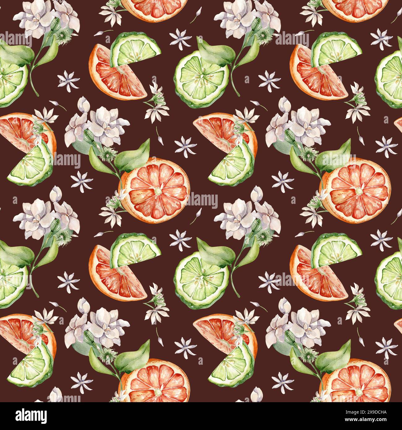 Half grapefruit and bergamot watercolor seamless pattern isolated. Citrus slices and jasmine ...