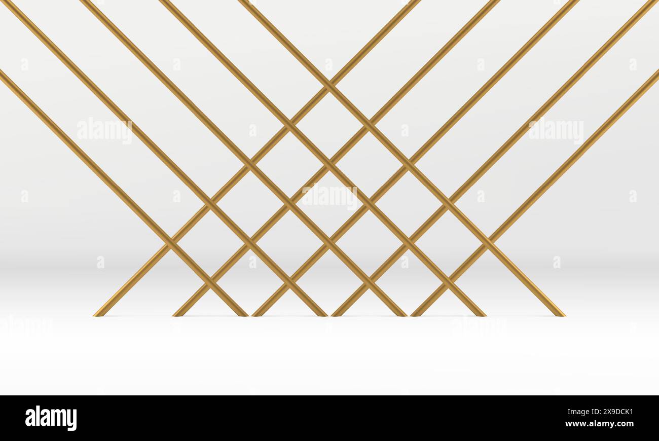 Showcase display crossed golden grid metallic rod white 3d background ...