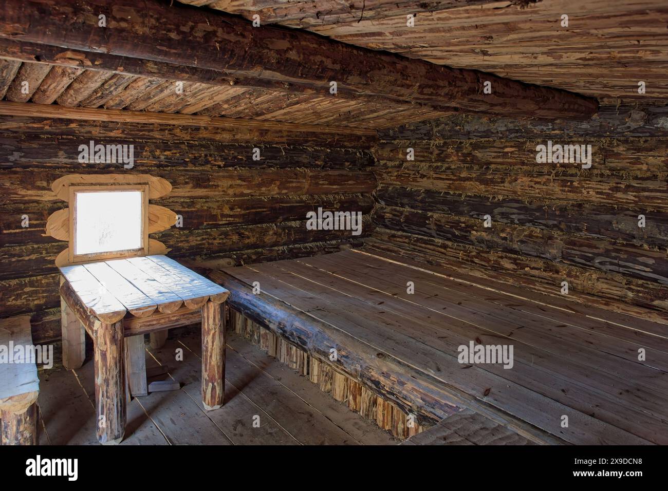 Inside of logging cabin at Nellim log flume, Nellim, Inari, Lapland ...