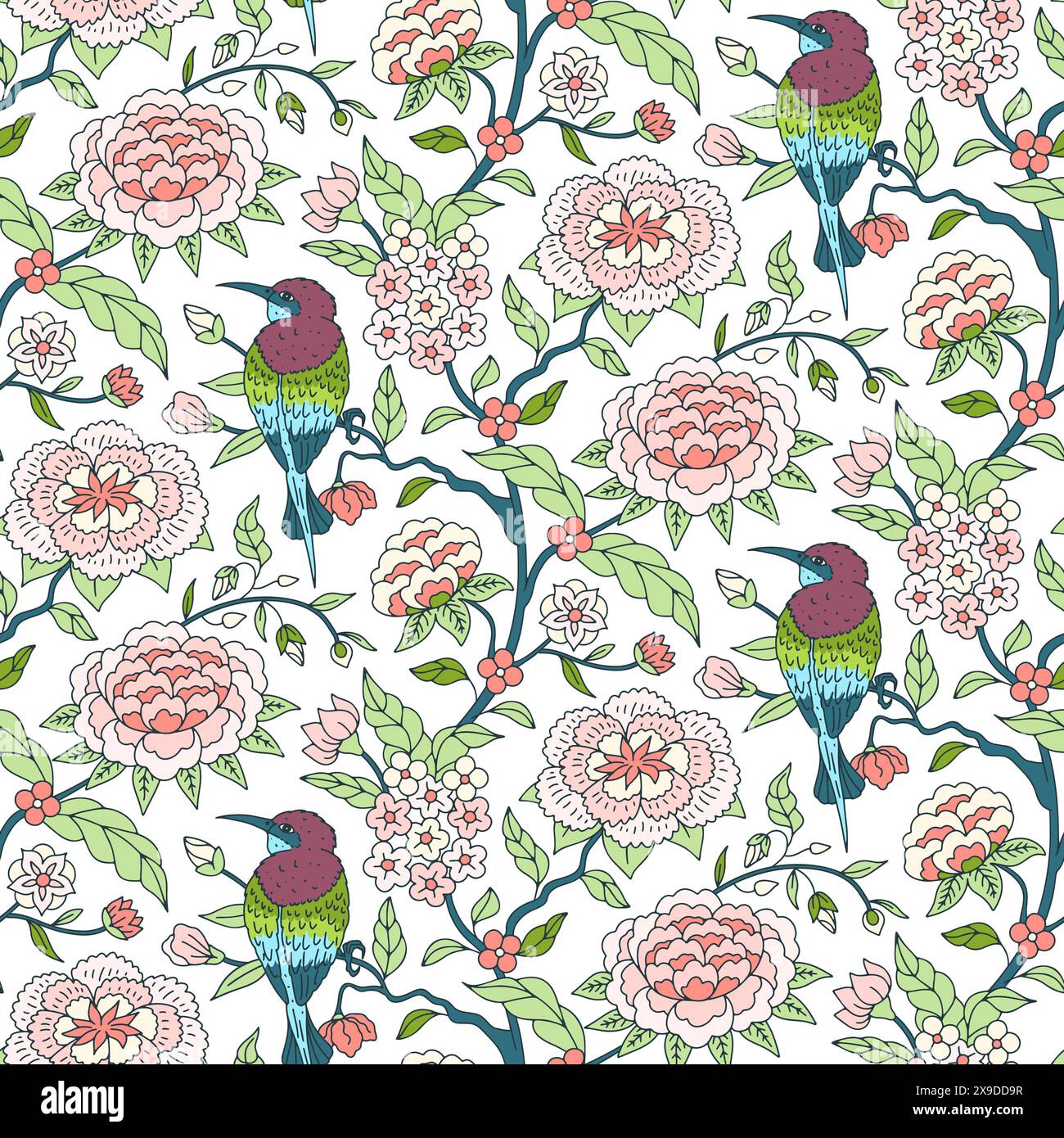 Seamless pattern with colorful chinoiserie hand drawn flowers and birds ...