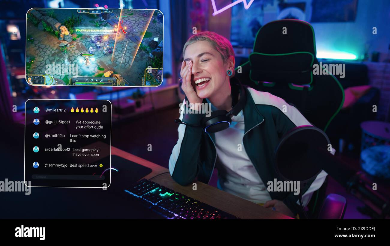 Excited Female Streamer Playing a Video Game Online. Stylish Woman ...