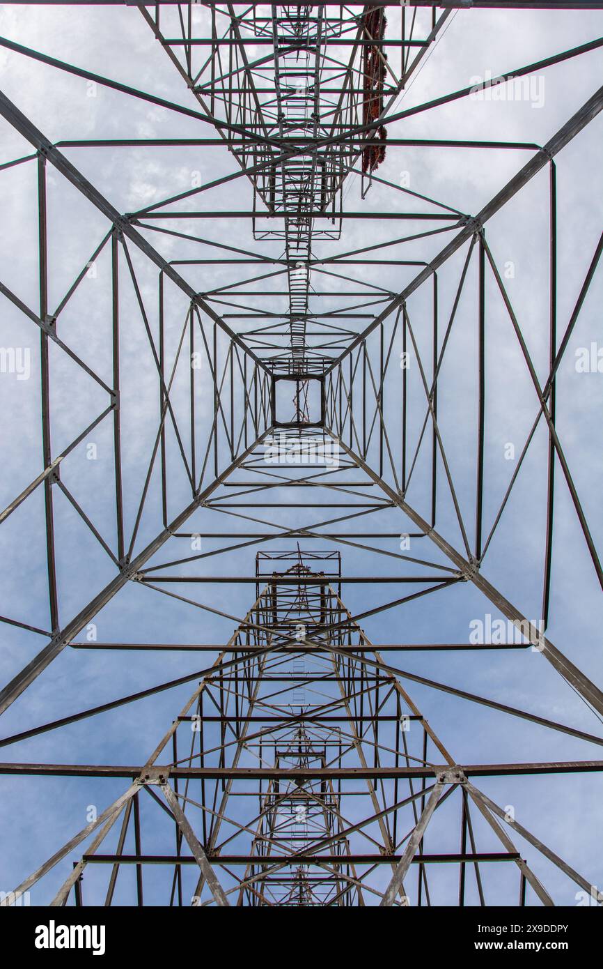 View of blue sky from under the iron oil derrick in Kilgore, Gregg and ...