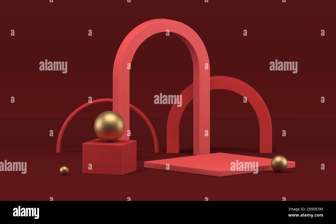 Red geometric 3d stage arena podium curved arch rectangle box golden ...