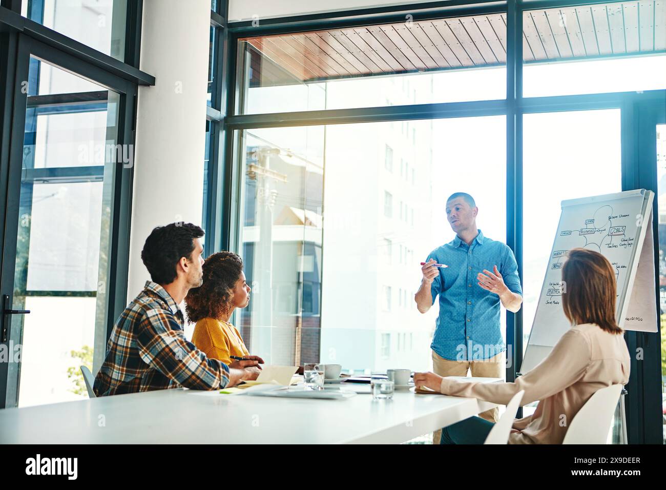 Business people, man and presentation in conference room with ...